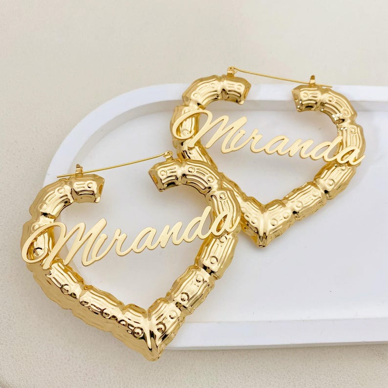 14K Gold Name Jewelry Set: Heart Bamboo Hoops & Name Plate Necklace - Etsy