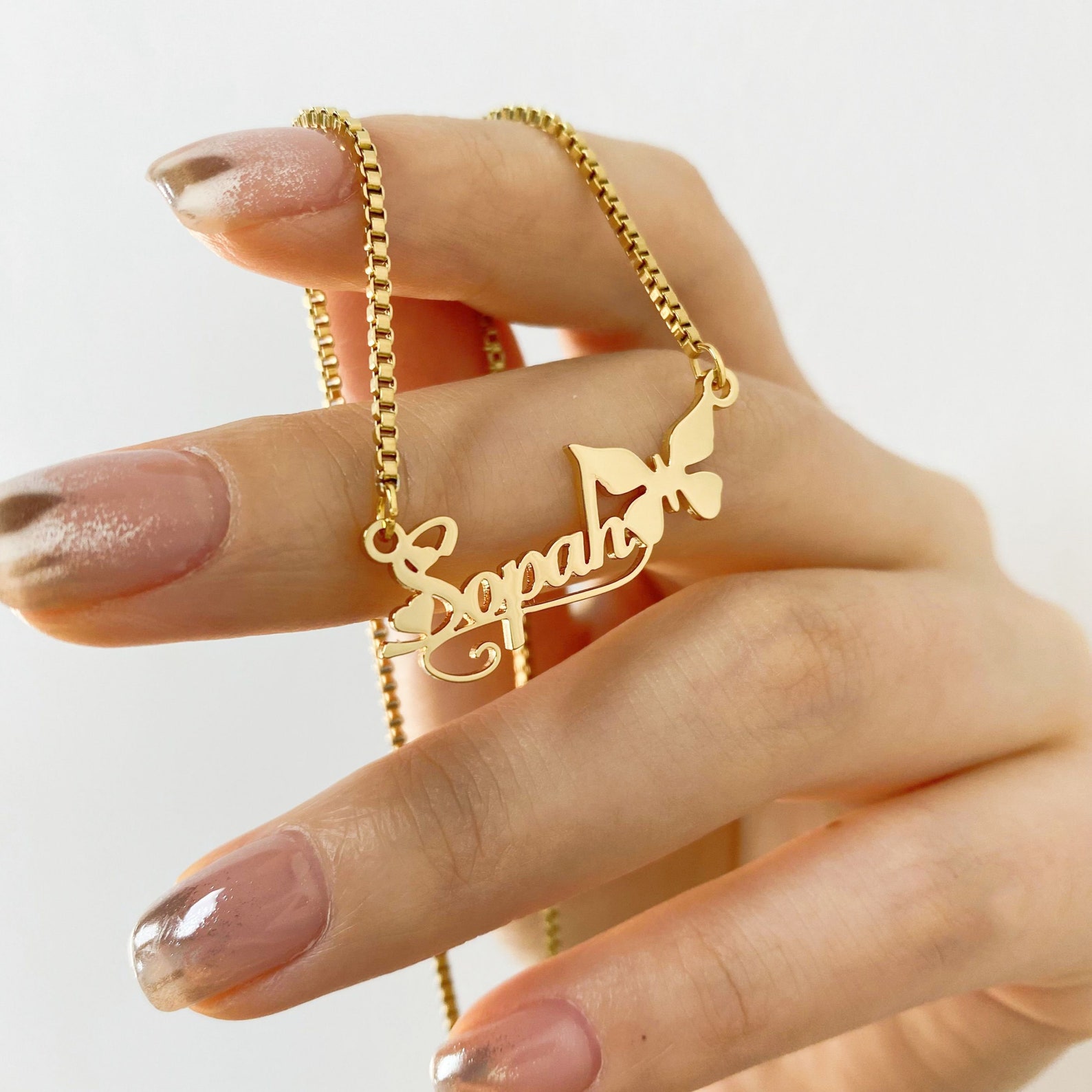 Dainty Butterfly Name Necklace: Personalized Box Chain - Etsy