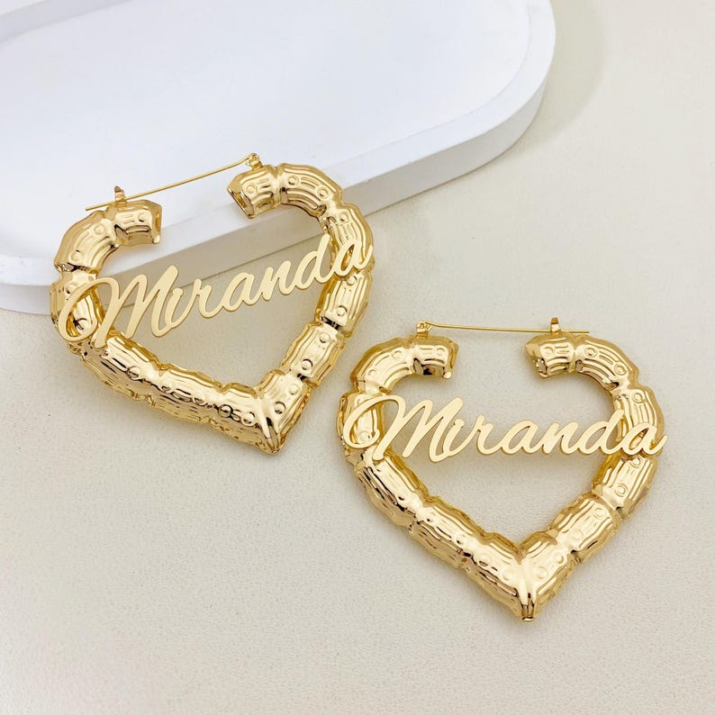14K Gold Name Jewelry Set: Heart Bamboo Hoops & Name Plate Necklace - Etsy