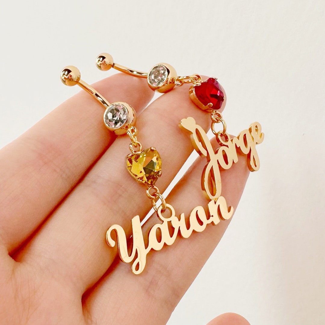Birthstone Name Belly Ring, Custom Belly Ring Gold, Nameplate Belly ...