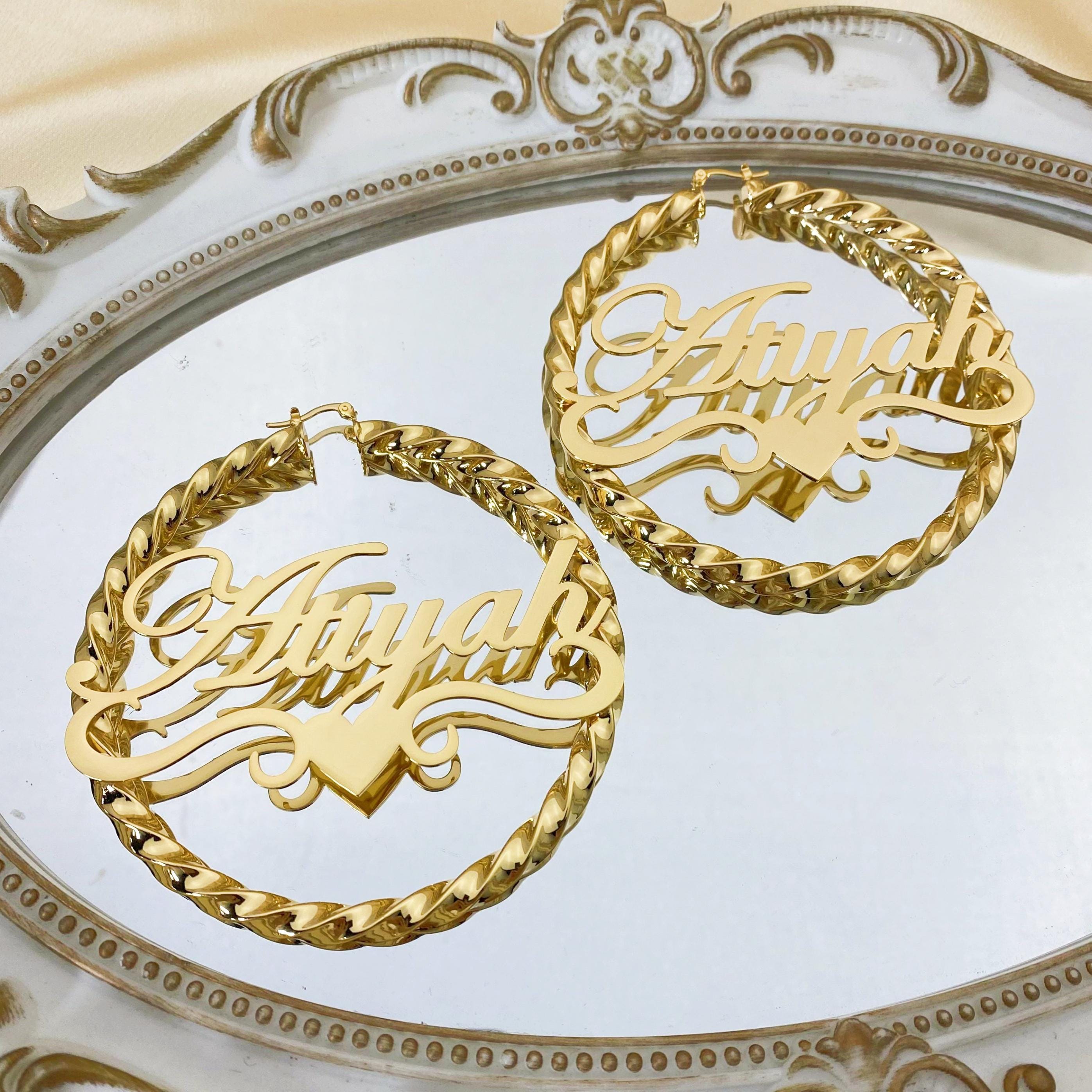 Custom Name Hoop Earrings: Personalized Gold Twist Hoops, 30mm,50mm ...