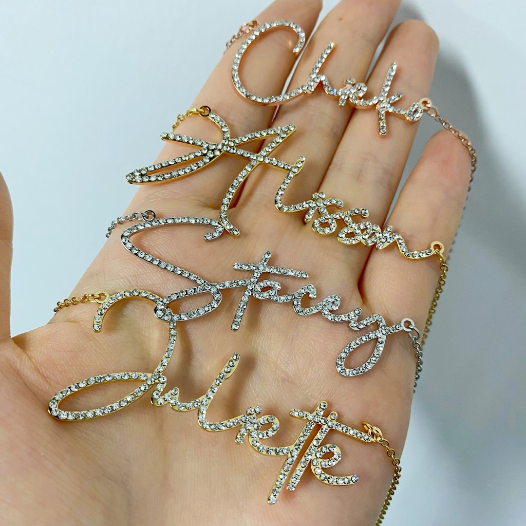 Diamond Nameplate Necklace, Custom Script Name Necklace,bling Name ...