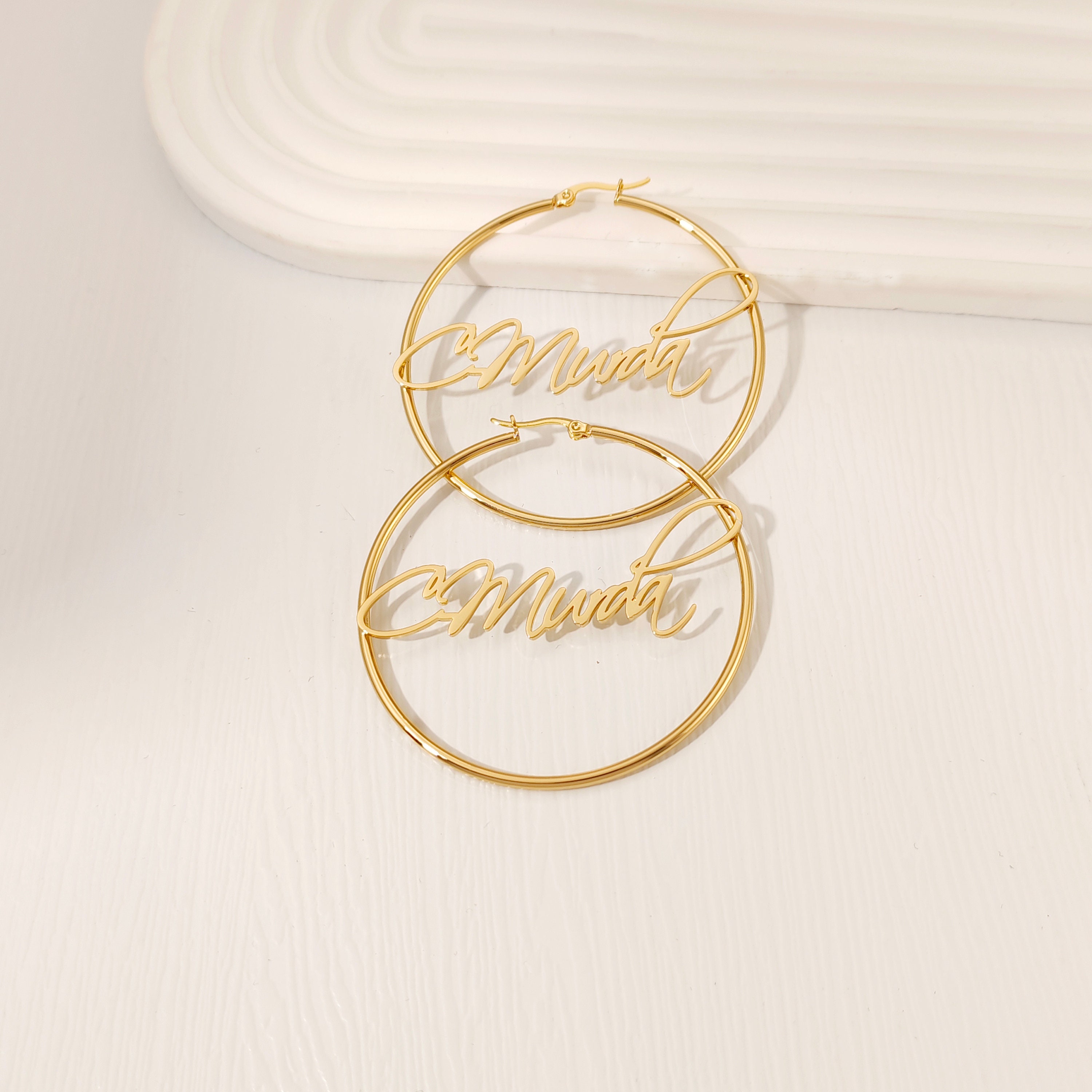 Hoop Earrings, Custom Name Earrings, Minimalist Name Hoop Earrings, Large Earrings, Nameplate ...