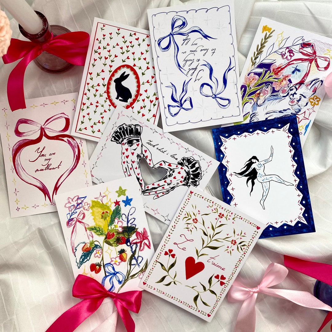 Handmade Postcards, Cute Valentines Post Cards, Set of 8, Mini Art ...