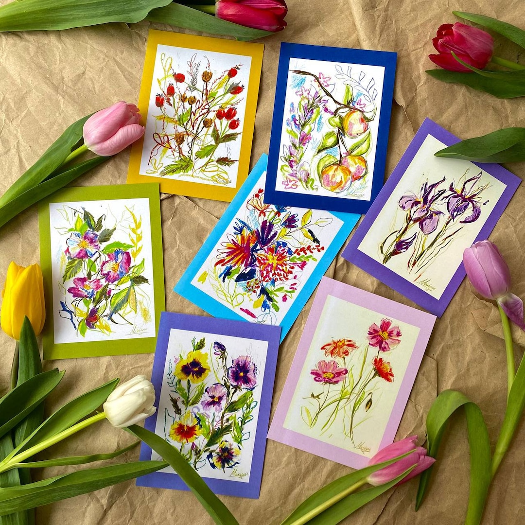 Handmade Postcards, Cute Flowers Post Cards, Set of 7, Mini Art Print ...