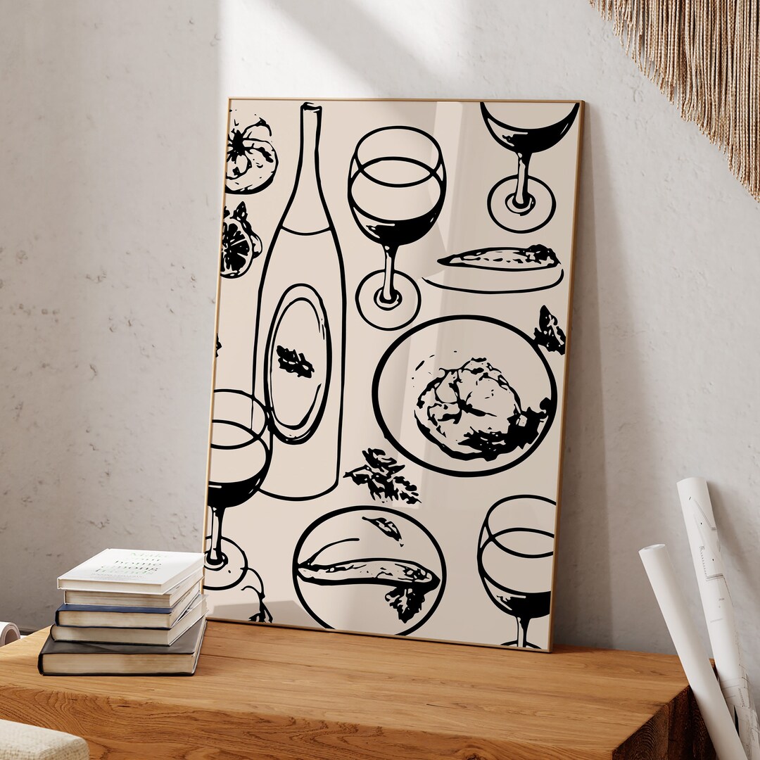 Black Wine and Food Retro Kitchen Decor Poster | Vintage Wine Print ...