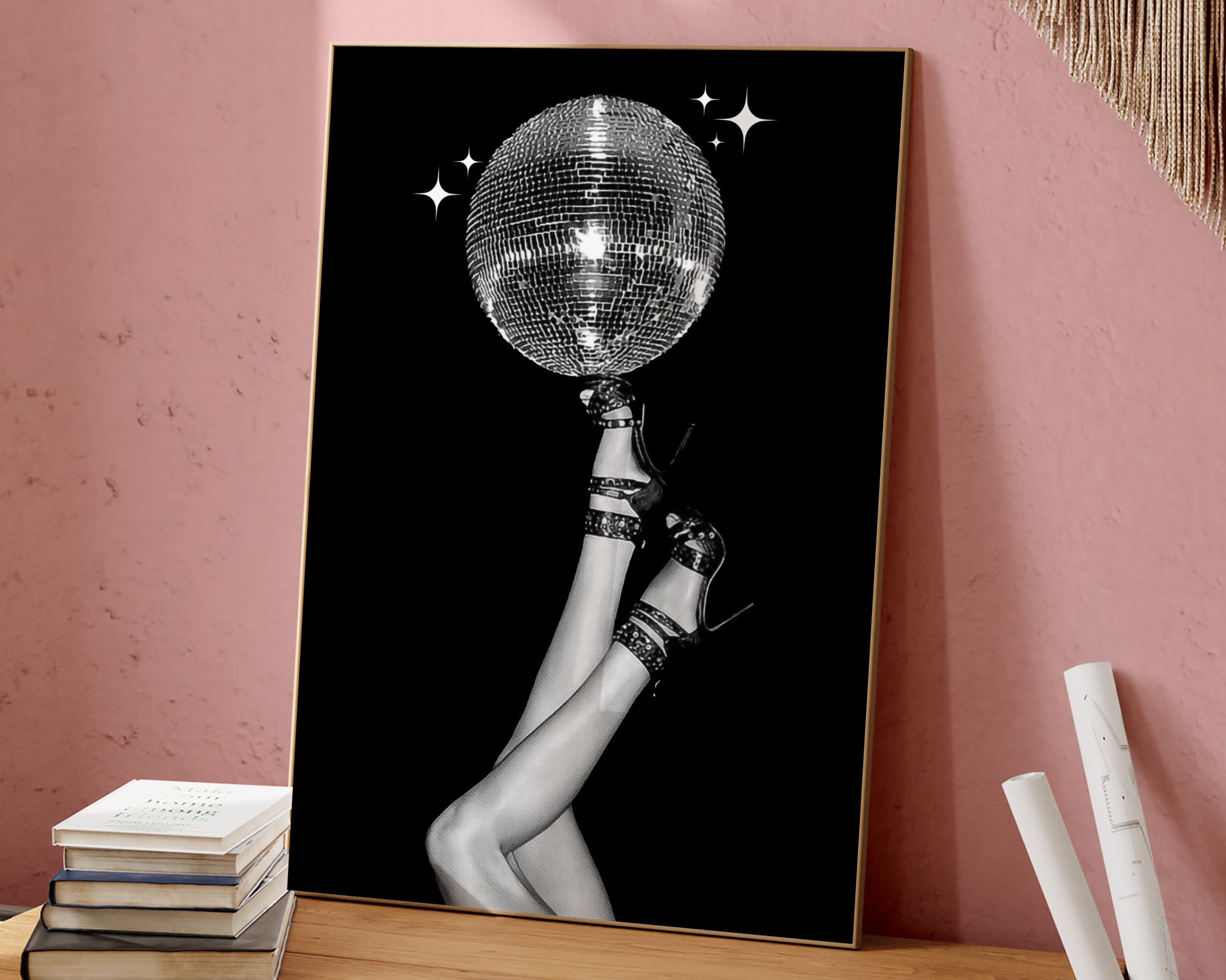 Vintage Disco Ball Bar Cart Poster, Retro Disco Ball Wall Art, Black ...
