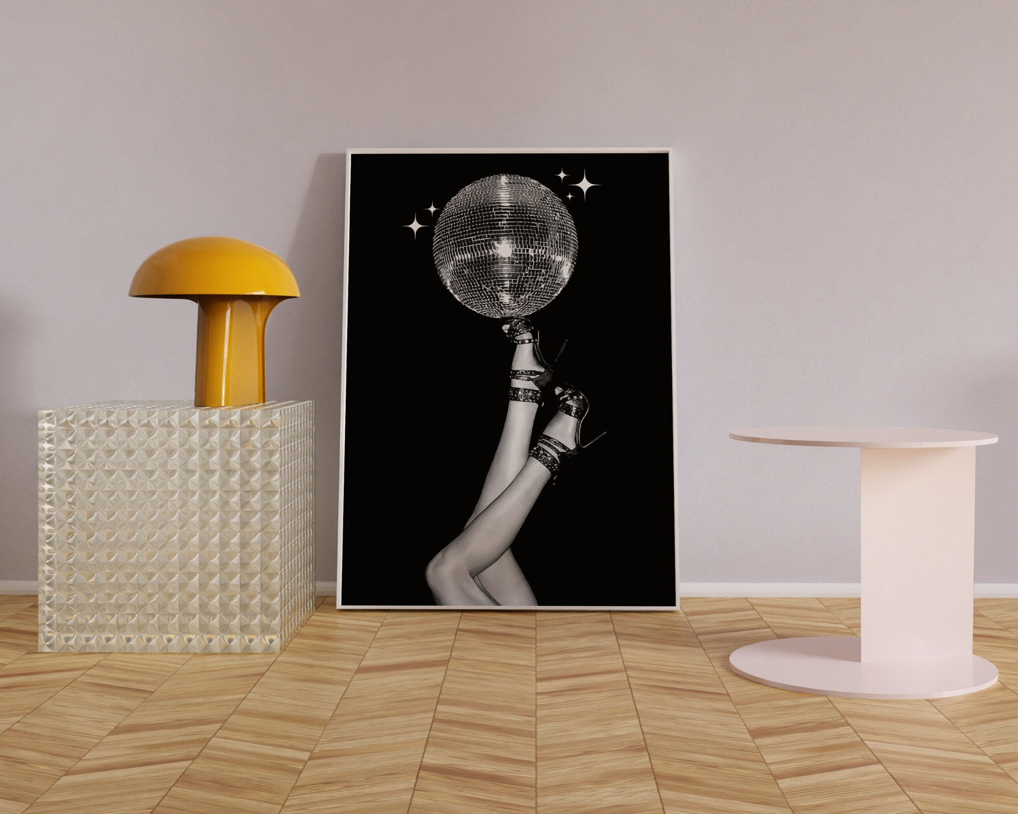 Vintage Disco Ball Bar Cart Poster, Retro Disco Ball Wall Art, Black ...