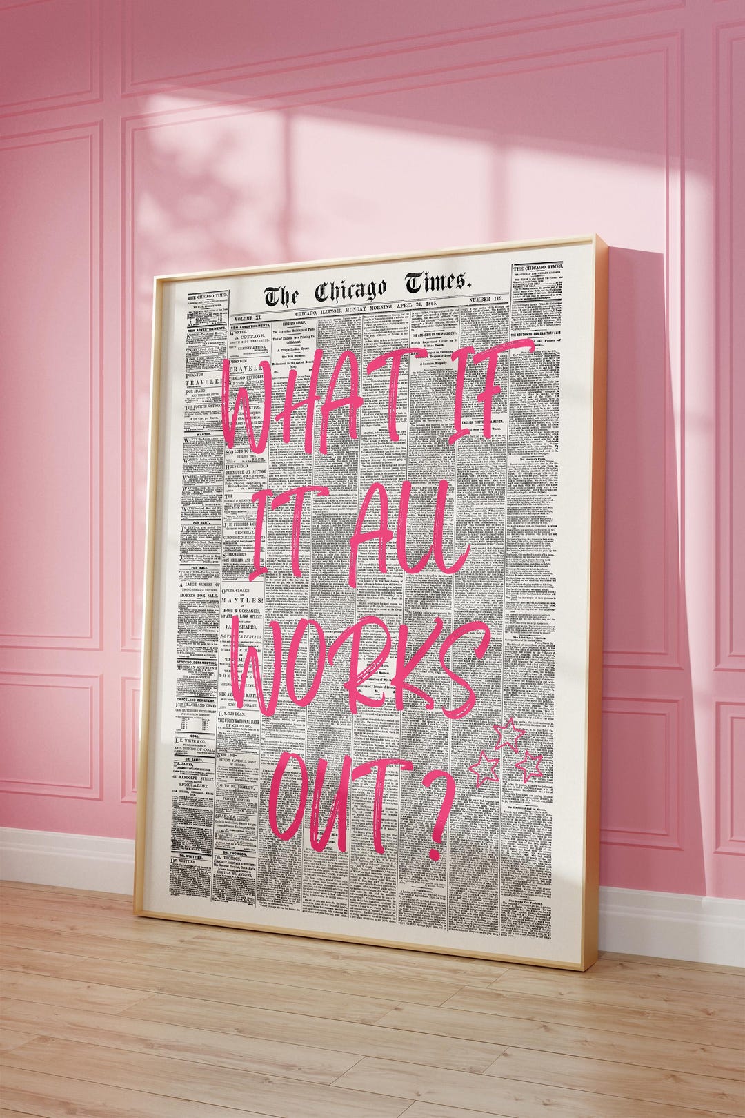 What If It All Works Out Retro Newspaper Print, Pink Trendy Wall Art ...