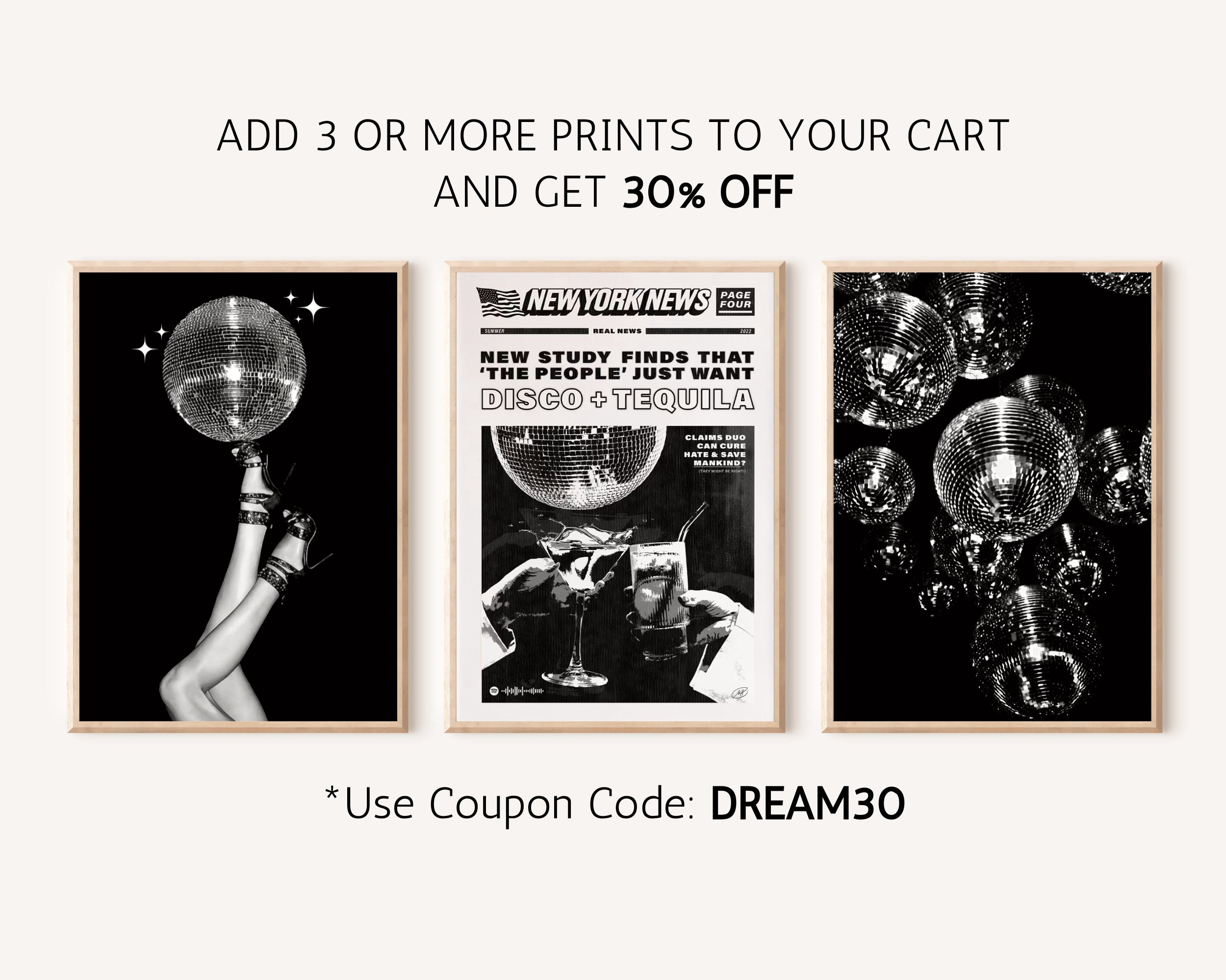 Vintage Disco Ball Bar Cart Poster, Retro Disco Ball Wall Art, Black ...