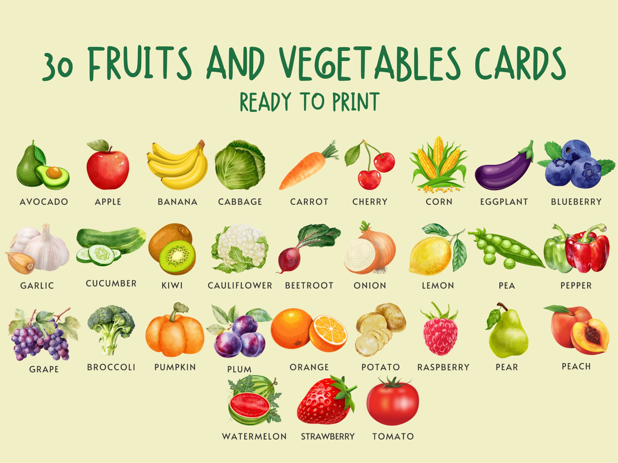 30 Fruit & Vegetable Flashcards Preschool Montessori - Etsy