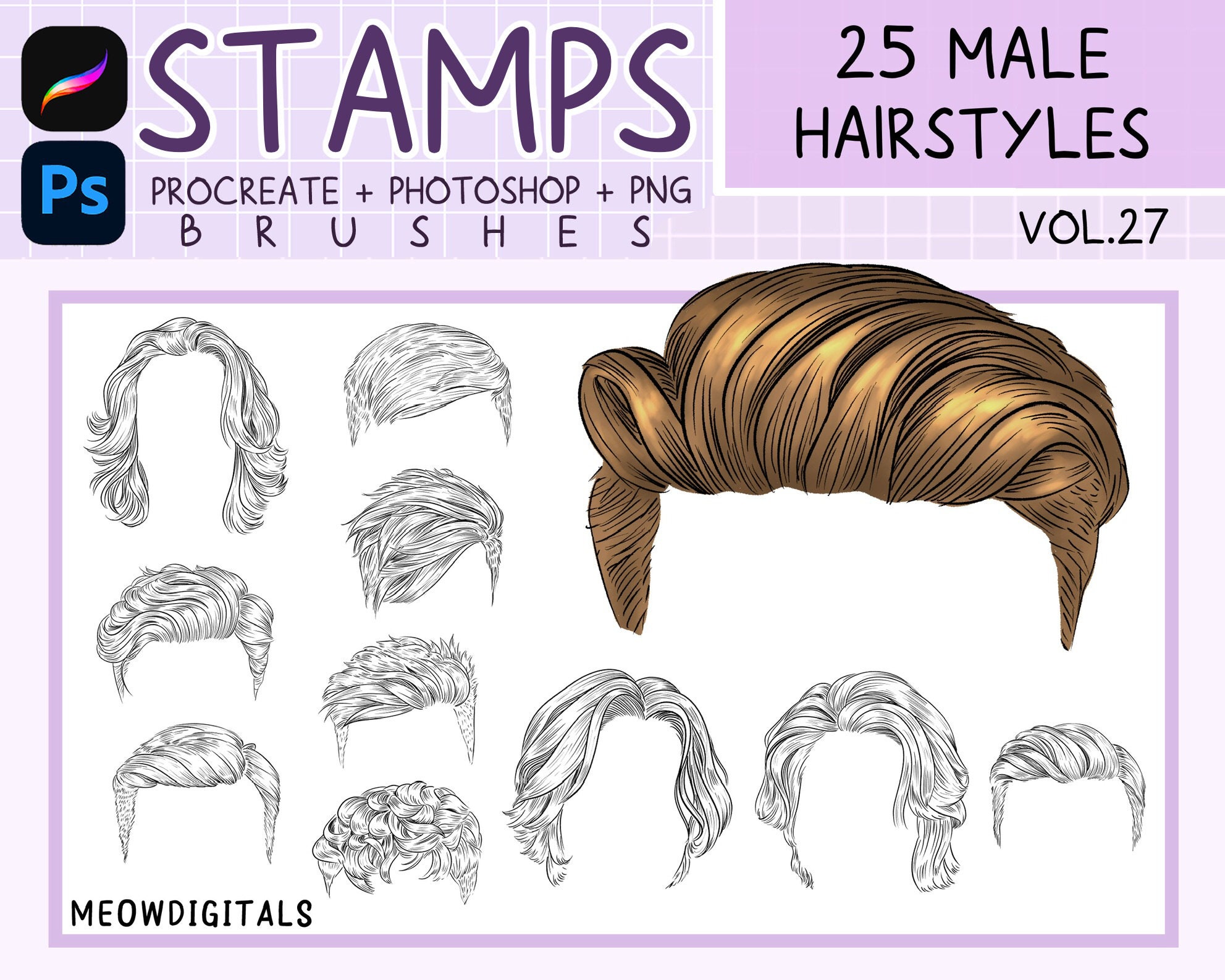 MALE HAIR Styles STAMP Procreate Brush, Photoshop Brushes, Men ...