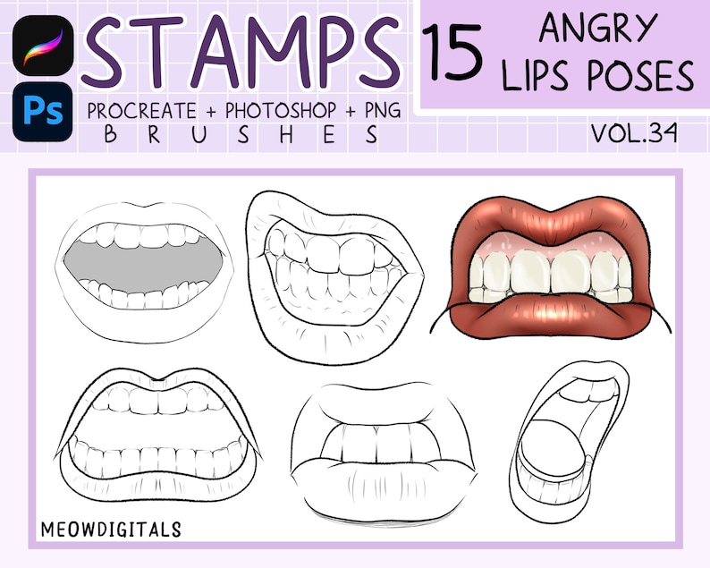 ANGRY LIPS Brush, Photoshop Brush, Procreate Brushes, Lip Sketch, Guide ...
