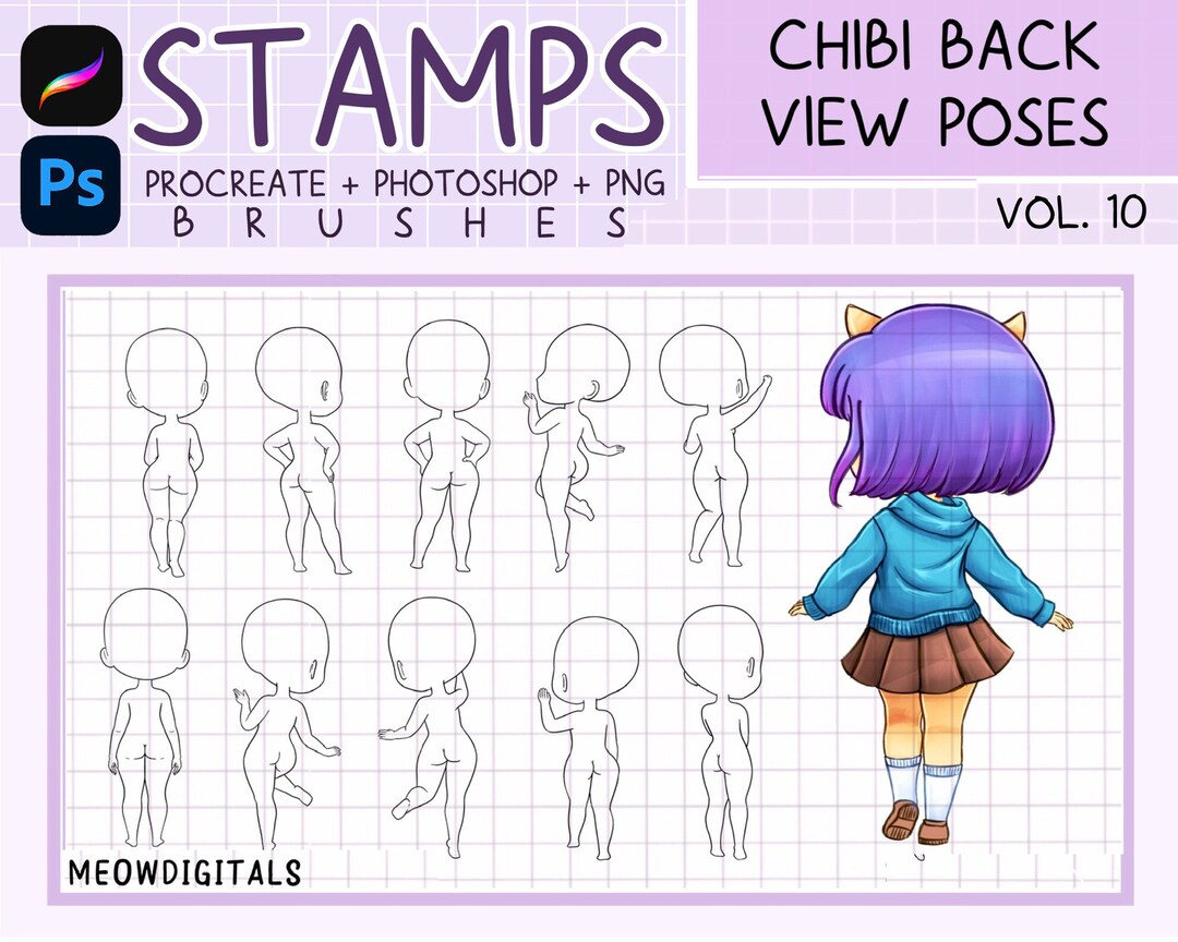 Procreate Brush, Photoshop Brushes, CHIBI BACK View Poses, STAMP Brush ...