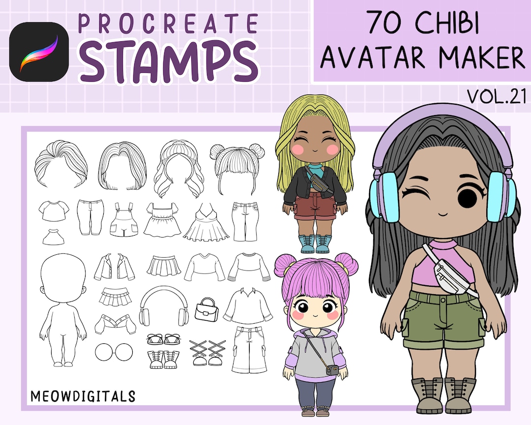 Procreate CHIBI AVATAR MAKER Lineart, Stamp Brush, Procreate Anime ...