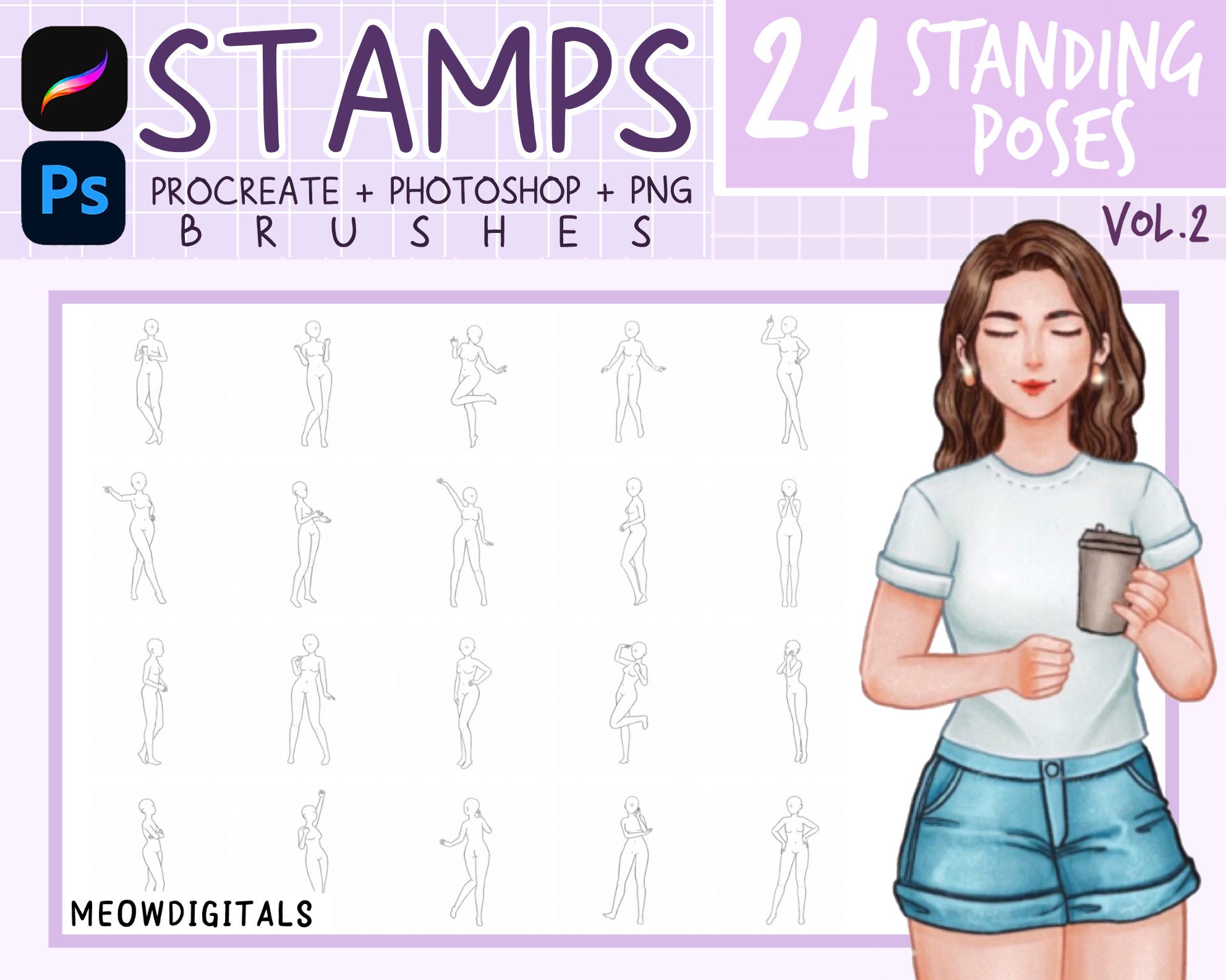 STANDING Poses STAMP, Procreate Brush, Photoshop Brushes, Woman Anatomy ...