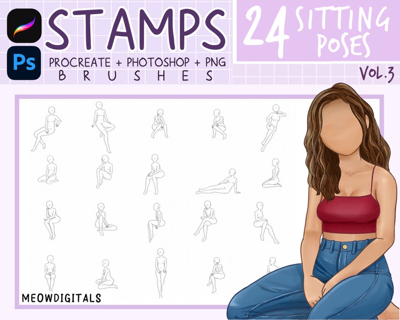 SITTING Poses STAMP, Procreate Brush, Photoshop Brushes, Women Anatomy, Body Poses, Guide for ...