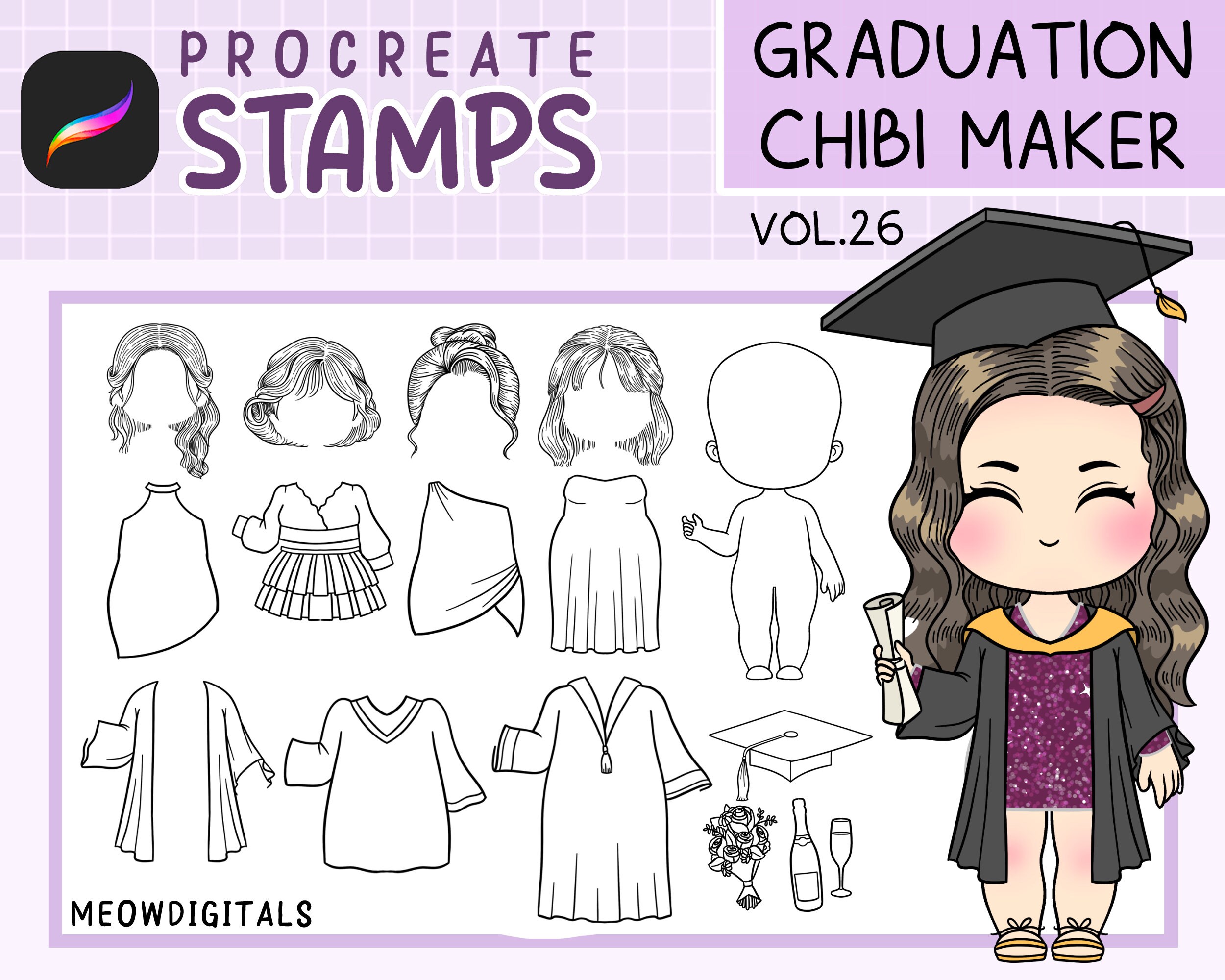 Procreate GRADUATION CHIBI AVATAR Maker Lineart, Stamp Brush, Procreate ...