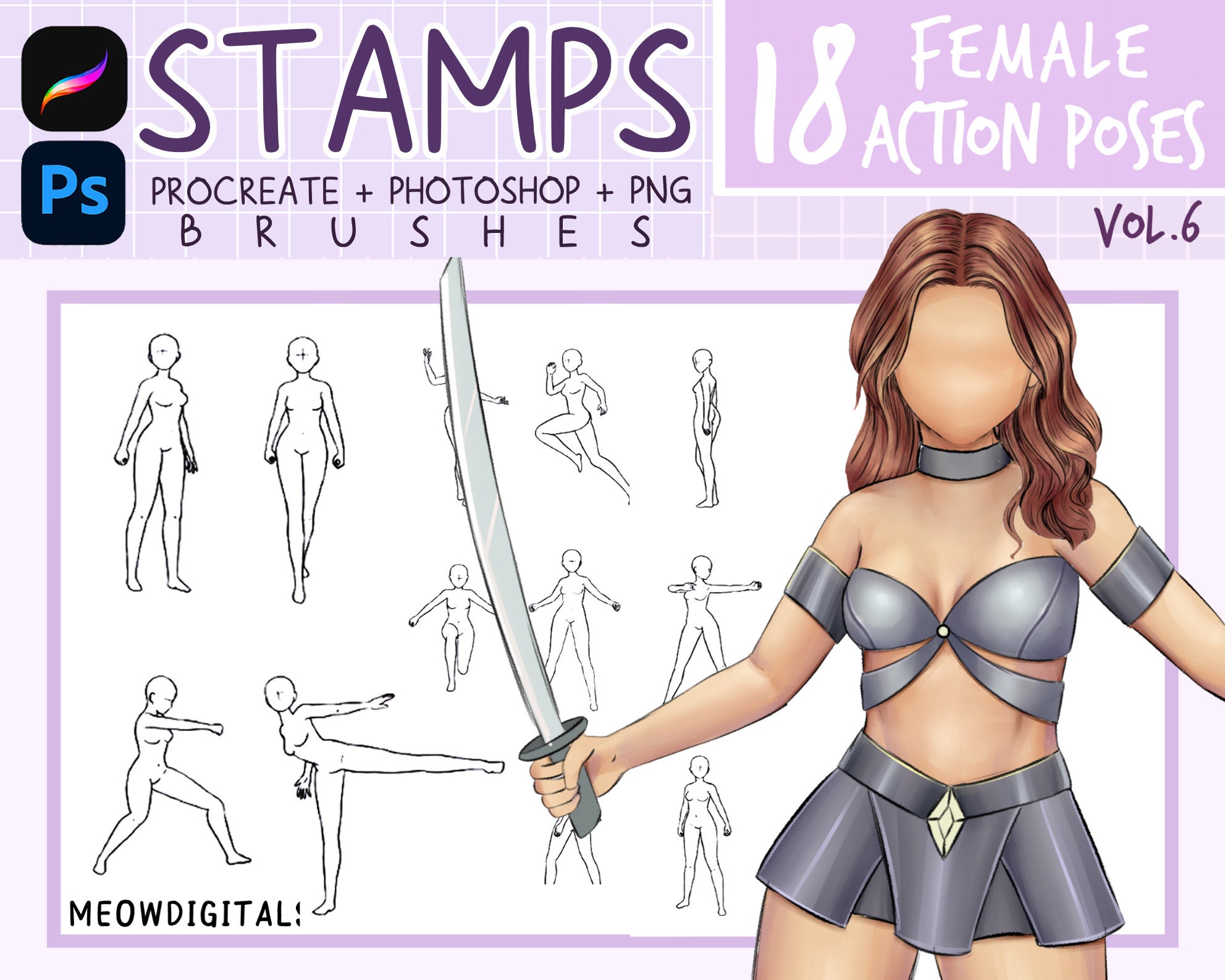 Procreate Brush, Photoshop Brushes, ACTION Poses, STAMP Brush, Woman Anatomy, Warrior Poses ...