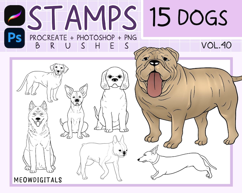 Procreate Brush, Photoshop Brushes, DOG POSES Stamp, Guide for Drawing ...