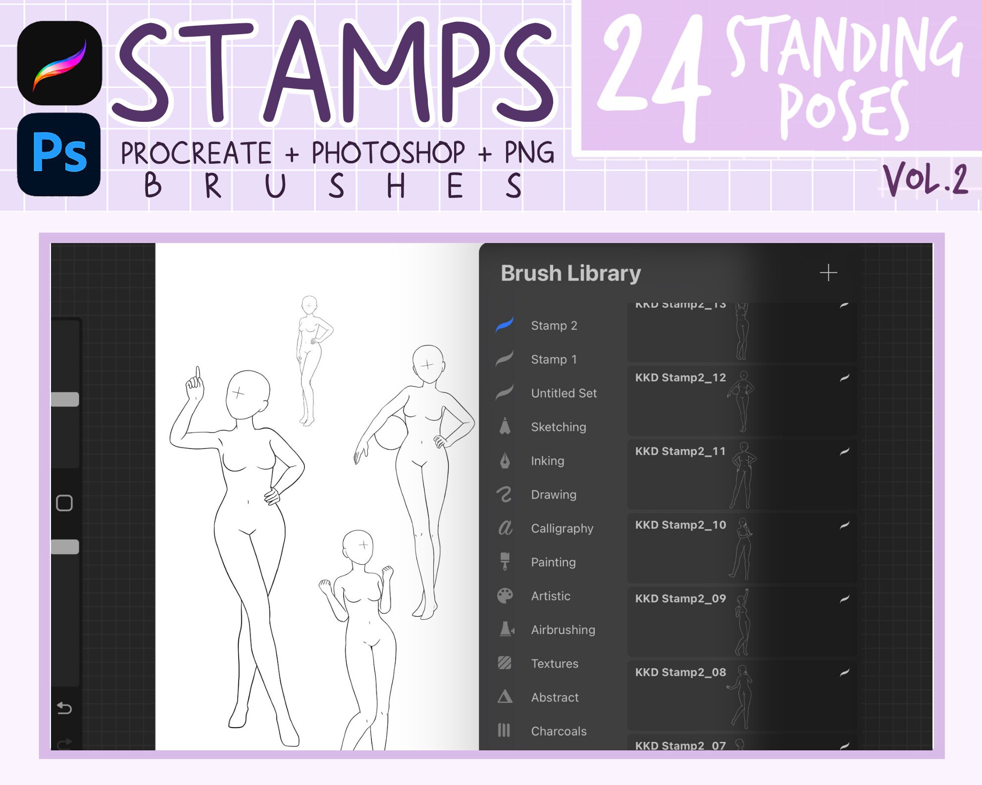 STANDING Poses STAMP, Procreate Brush, Photoshop Brushes, Woman Anatomy, Body Poses, Guide for ...