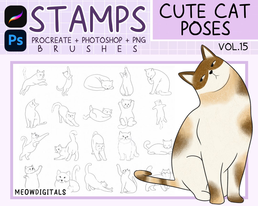 CUTE CAT POSES Stamps, Procreate Brush, Photoshop Brushes, Woman ...