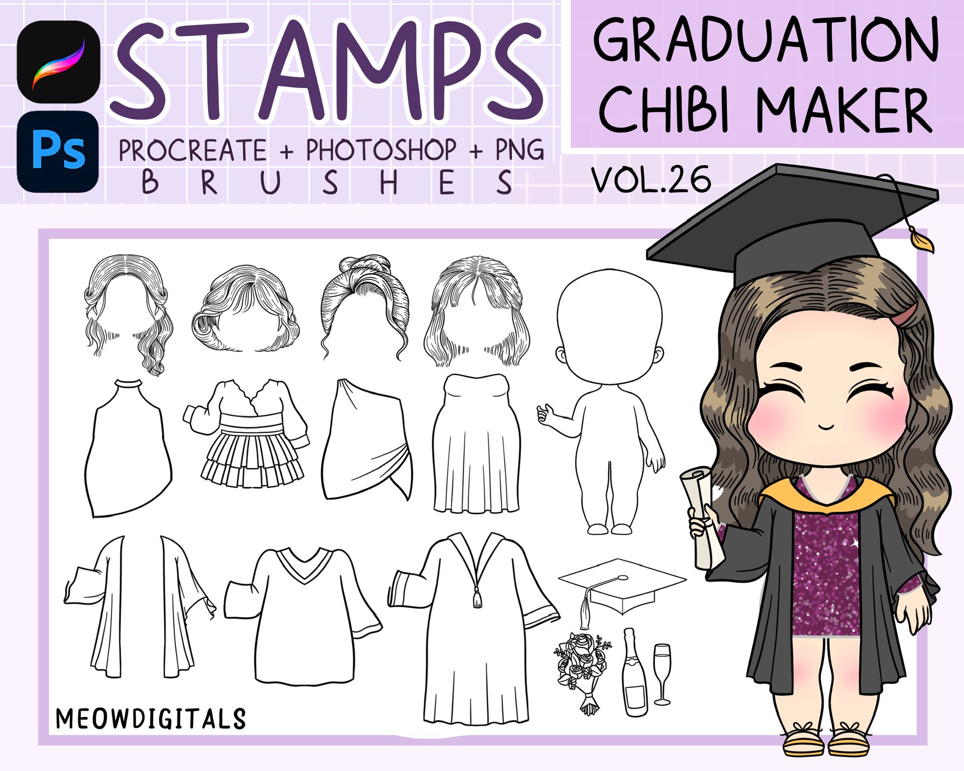 Procreate GRADUATION CHIBI AVATAR Maker Lineart, Stamp Brush, Procreate ...