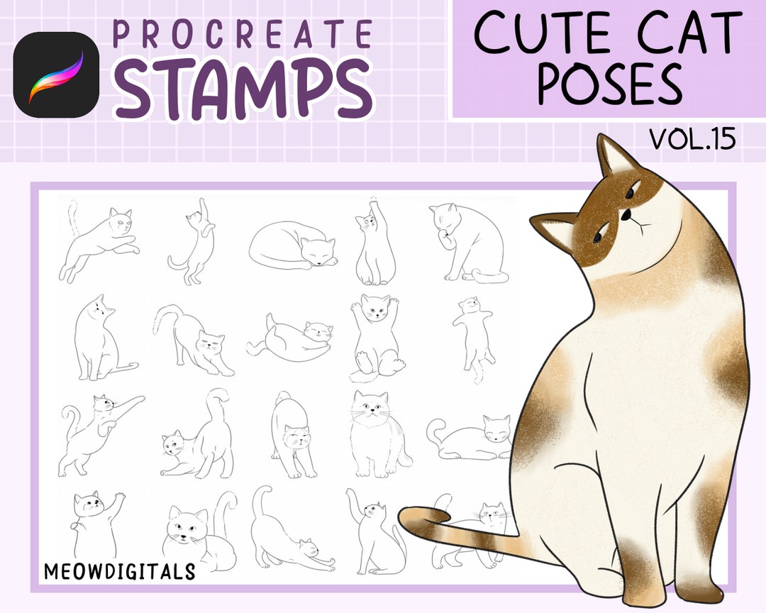 Procreate CUTE CAT POSES Brush, Woman Anatomy, Manga Body Poses, Guide ...