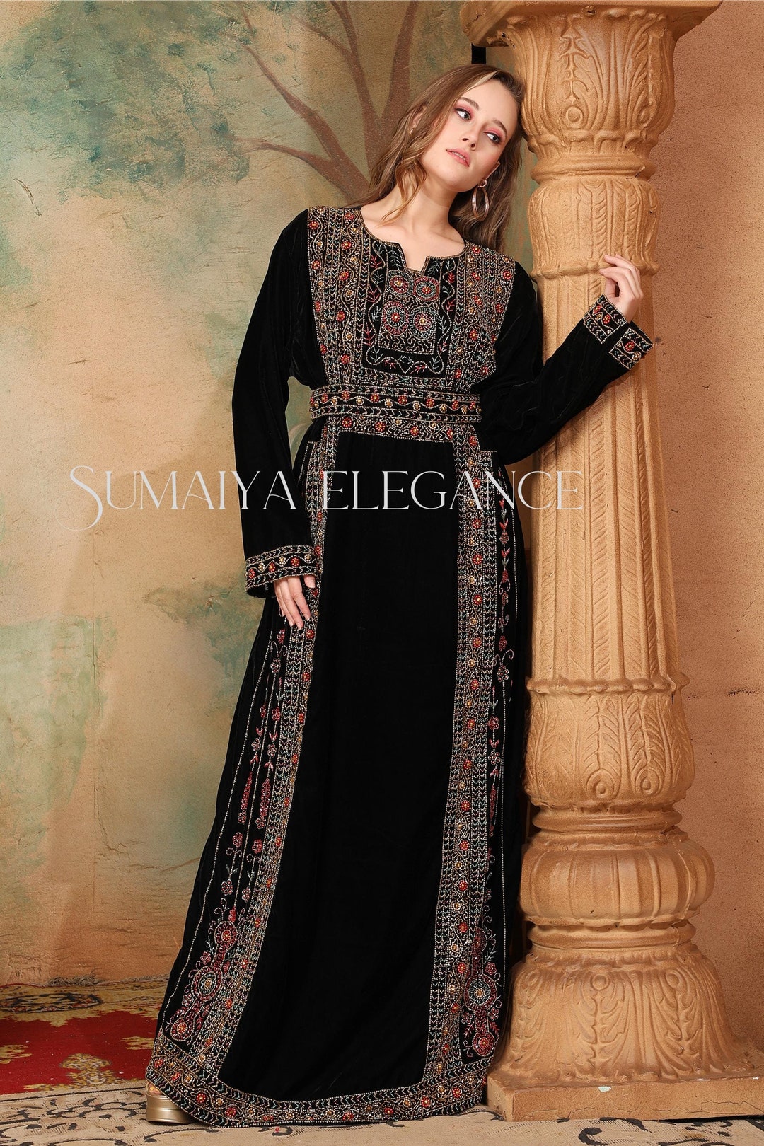 Mariam Embroidered Gown, Moroccan Dubai Kaftan, Party Wear, Wedding Arabic Abaya Caftan Hand ...