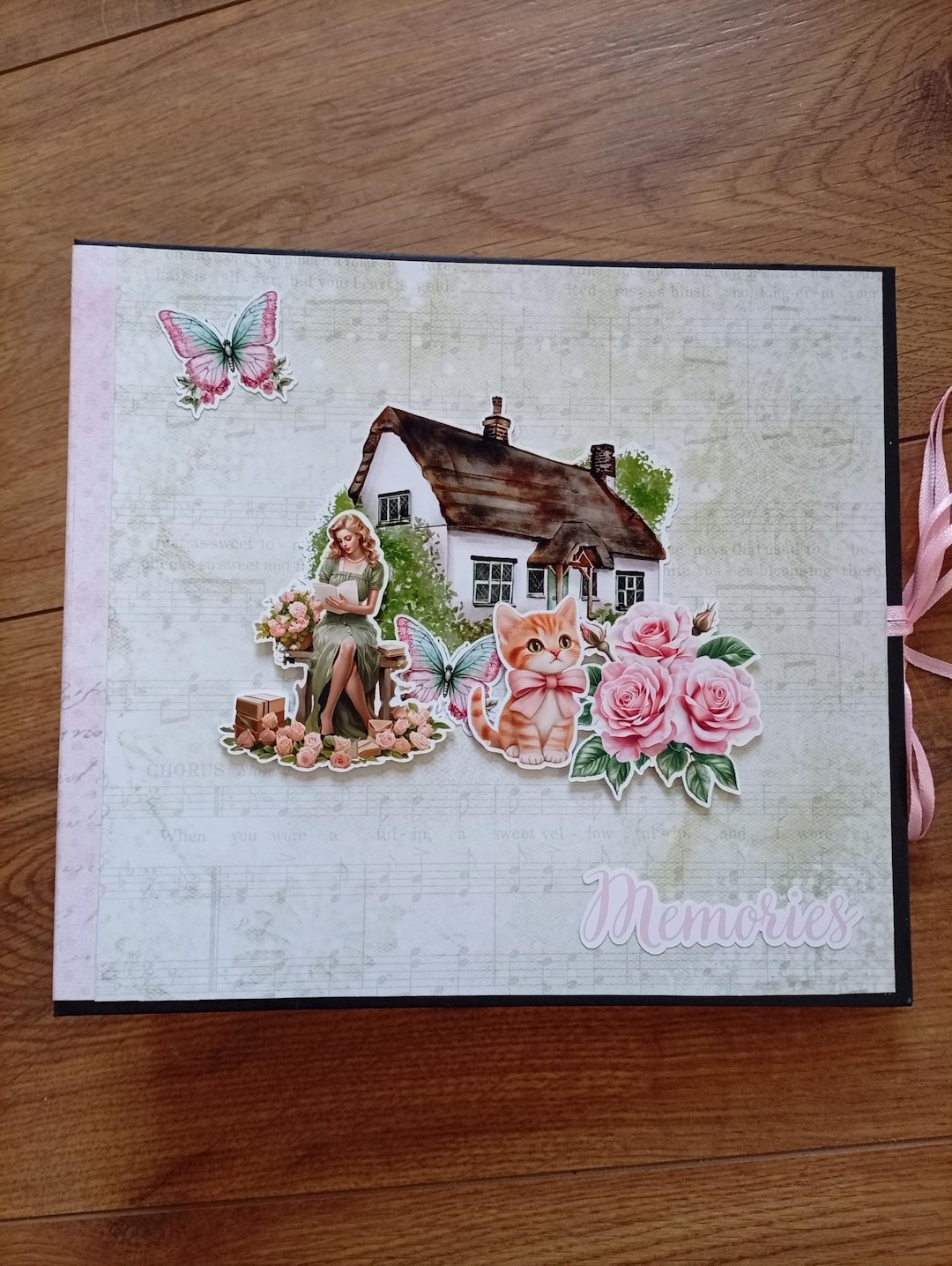 Handmade Scrapbook Album Cottage Design With Roses Butterfly Cat Memory ...