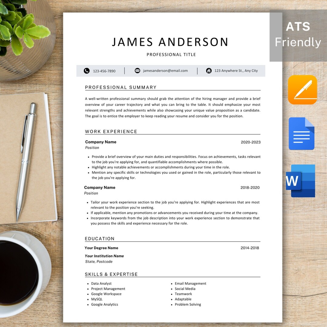 ATS Friendly Resume Template Word, Pages, Google Docs, ATS Compatible ...