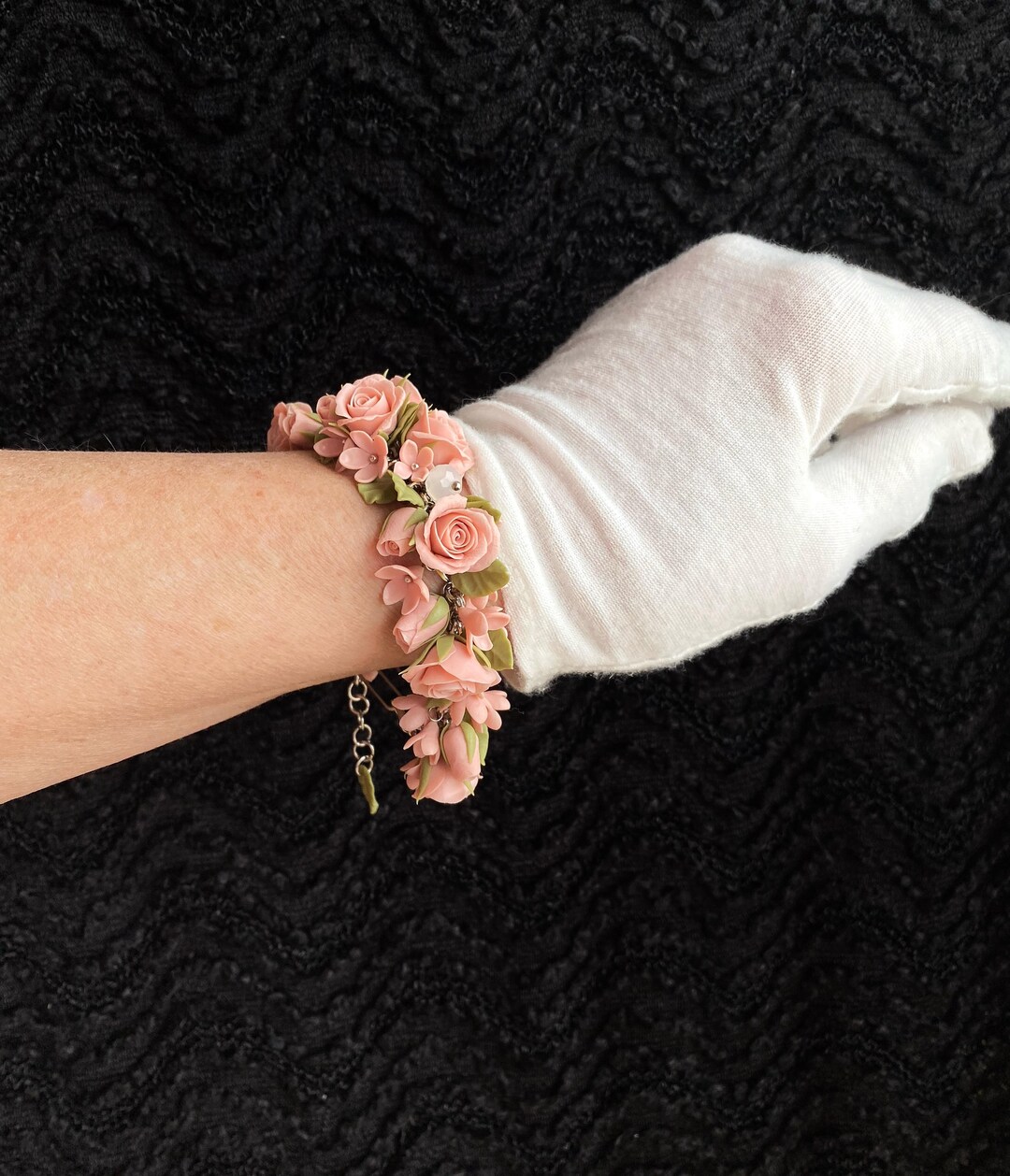 Powder Roses Bracelet,polymer Clay Floral Jewelry, Handmade Botanical ...