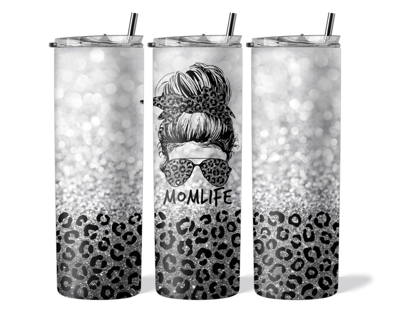 Silver Glitter Mom Life 20 Oz Skinny Tumbler Glitter Leopard Mom Life