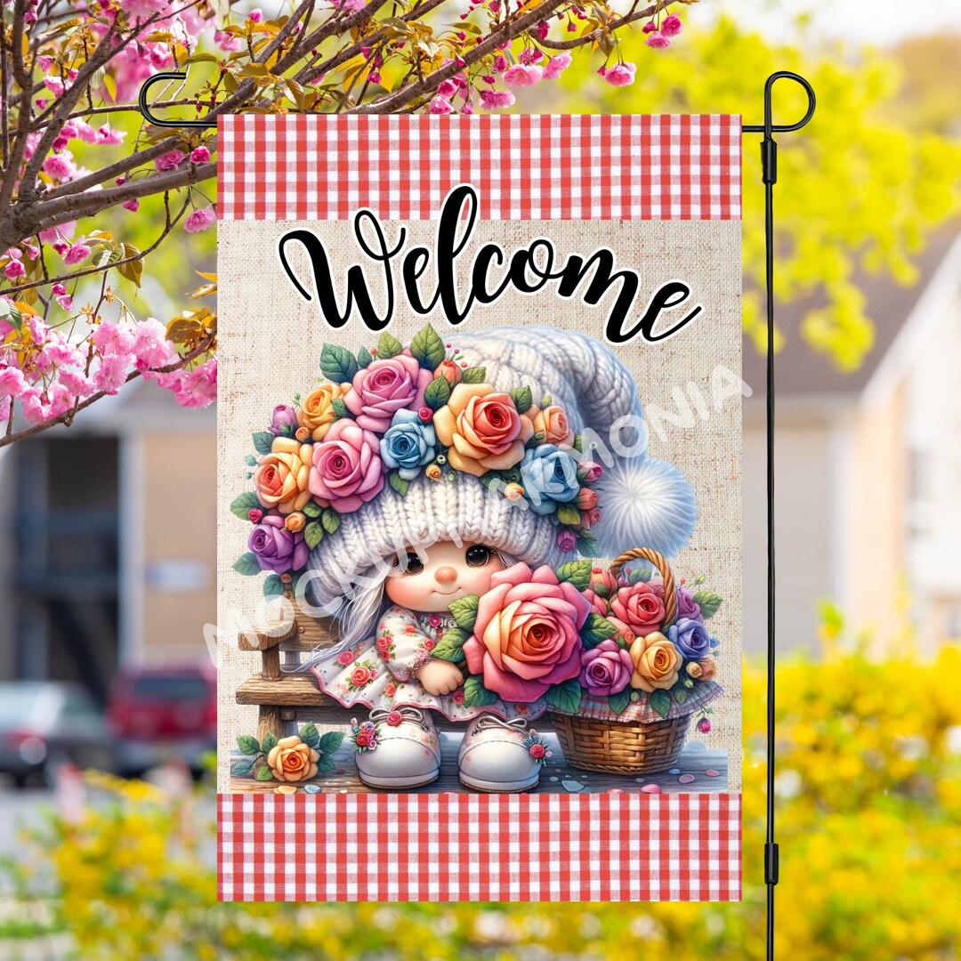 Rose Gnome Garden Flag, Welcome Garden Flag Png, Rose Gnome Outdoor ...