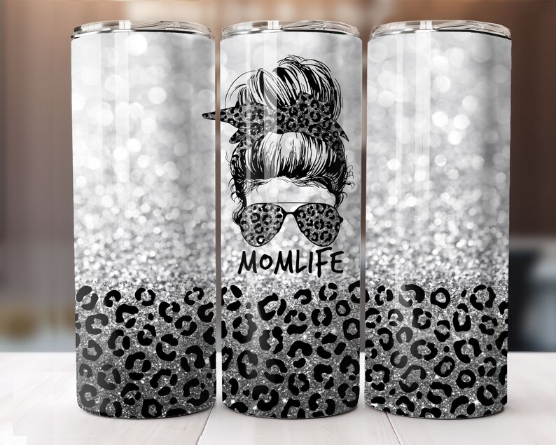 Silver Glitter Mom Life 20 Oz Skinny Tumbler Glitter Leopard Mom Life