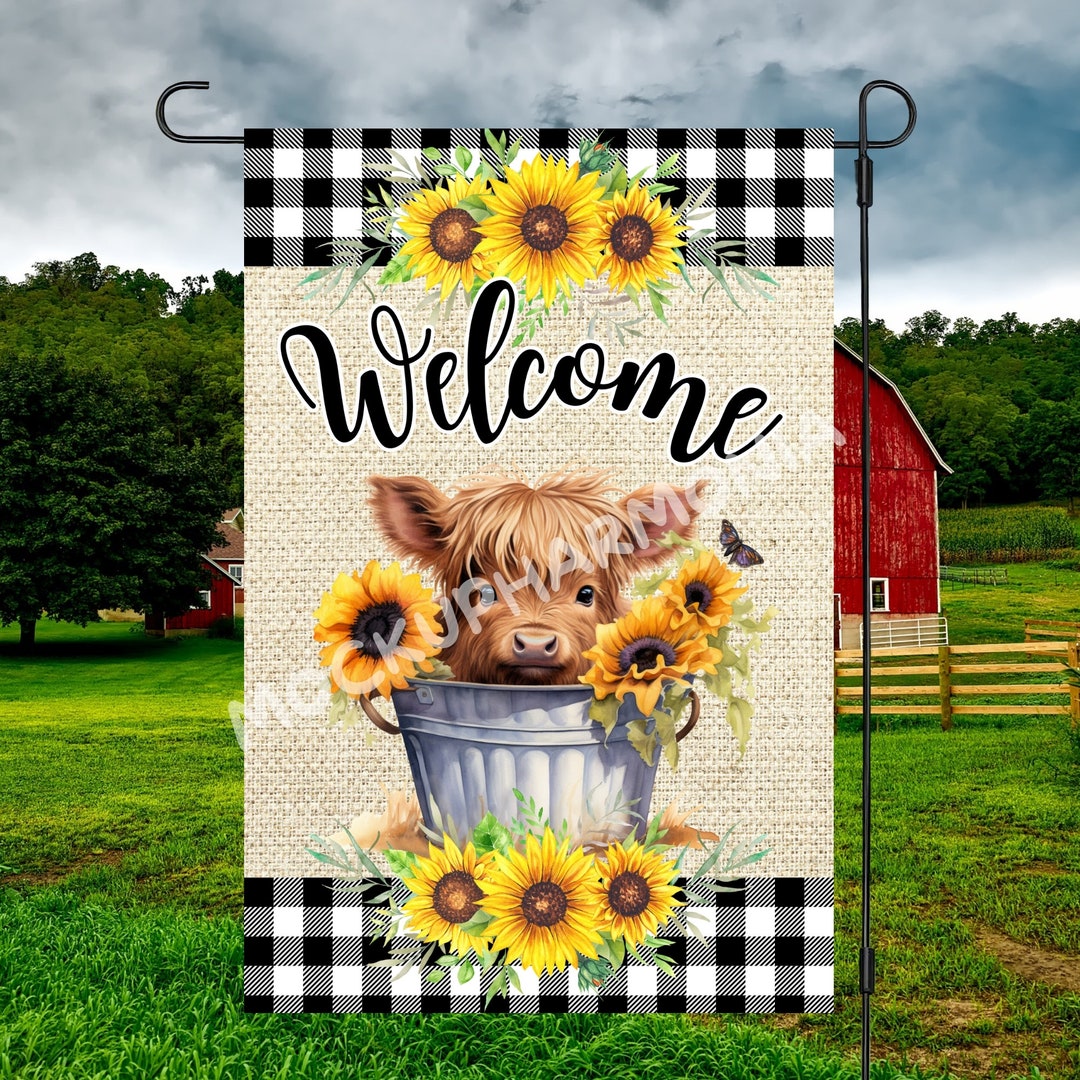2x18 Garden Flag Sublimation Design, Highland Cow and Sunflowers ...