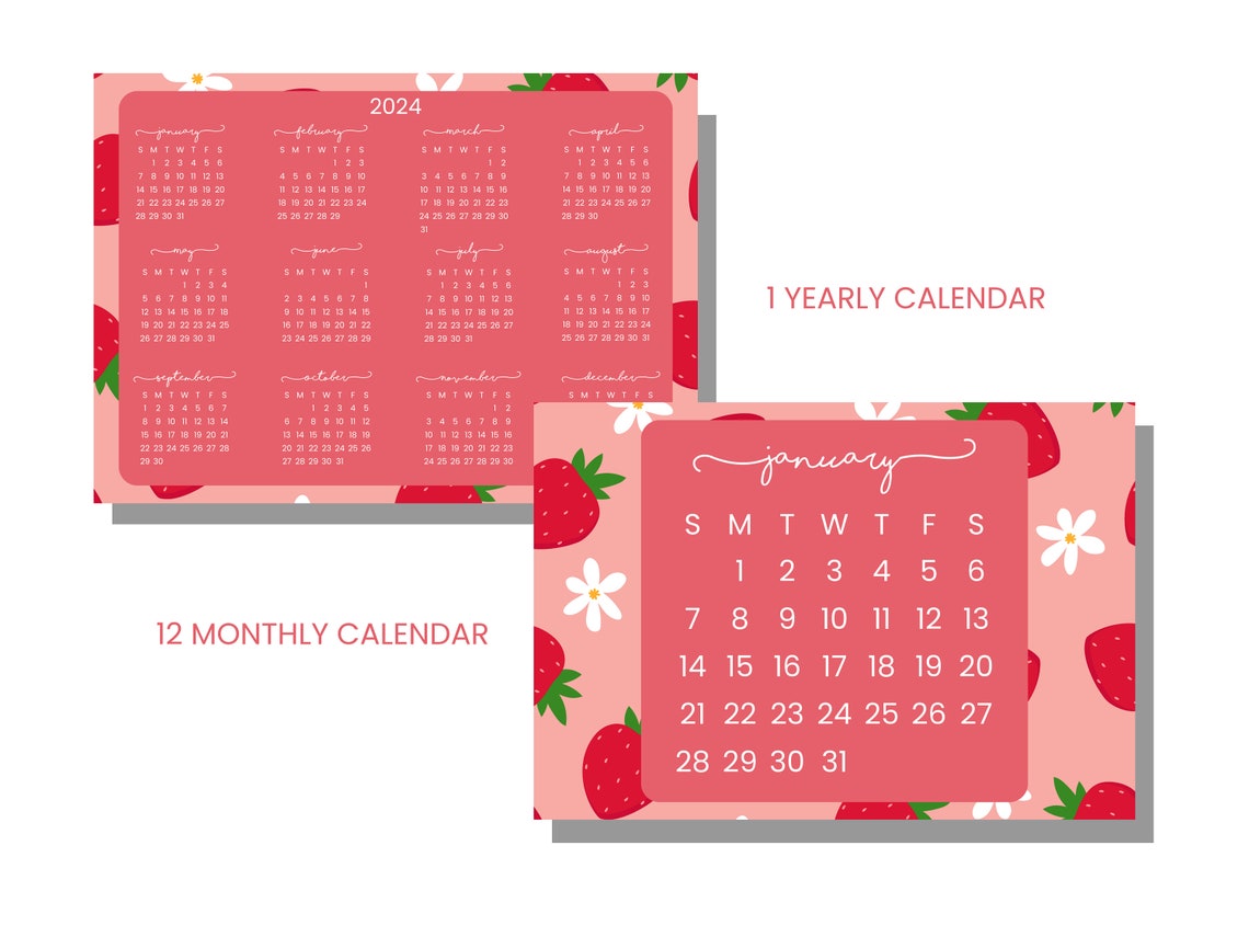 Printable 2024 Yearly & Monthly Calendar PDF Strawberry Calendar A4 ...