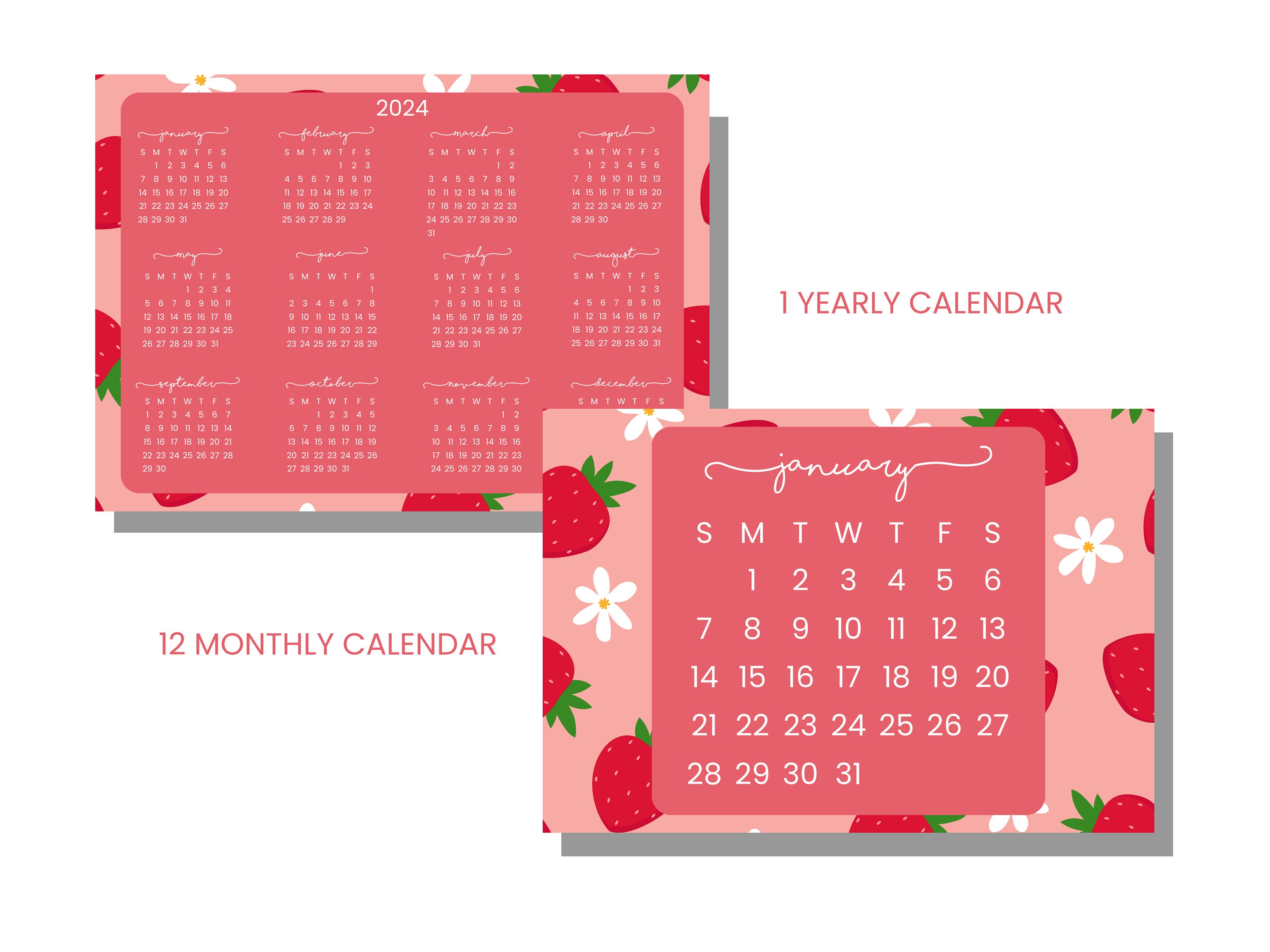 Printable 2024 Yearly & Monthly Calendar PDF Strawberry Calendar A4 ...