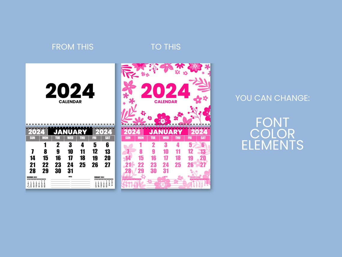 Printable 2024 Monthly Calendar A4 Size Instant Download Canva Editable ...