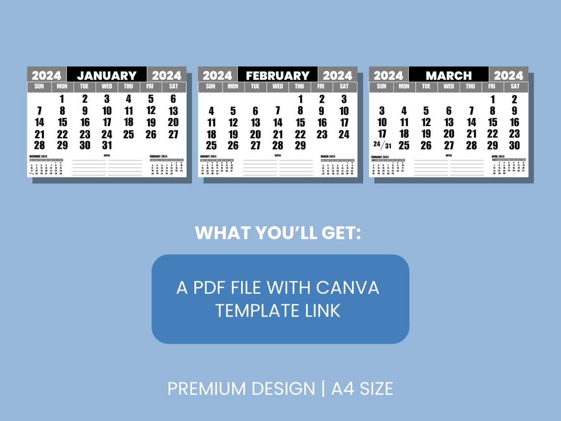 Printable 2024 Monthly Calendar A4 Size Instant Download Canva Editable ...