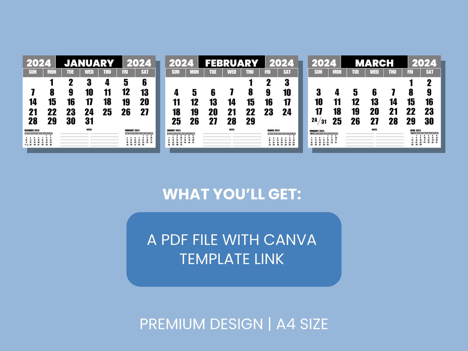 Printable 2024 Monthly Calendar A4 Size Instant Download Canva Editable ...