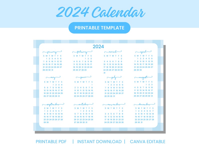 Printable 2024 Yearly & Monthly Calendar PDF Pastel Blue Calendar A4 ...