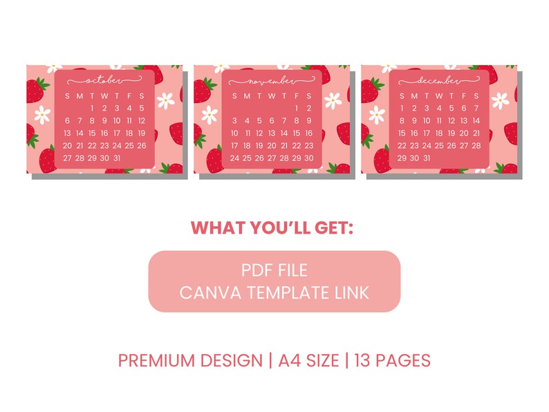 Printable 2024 Yearly & Monthly Calendar PDF Strawberry Calendar A4 ...