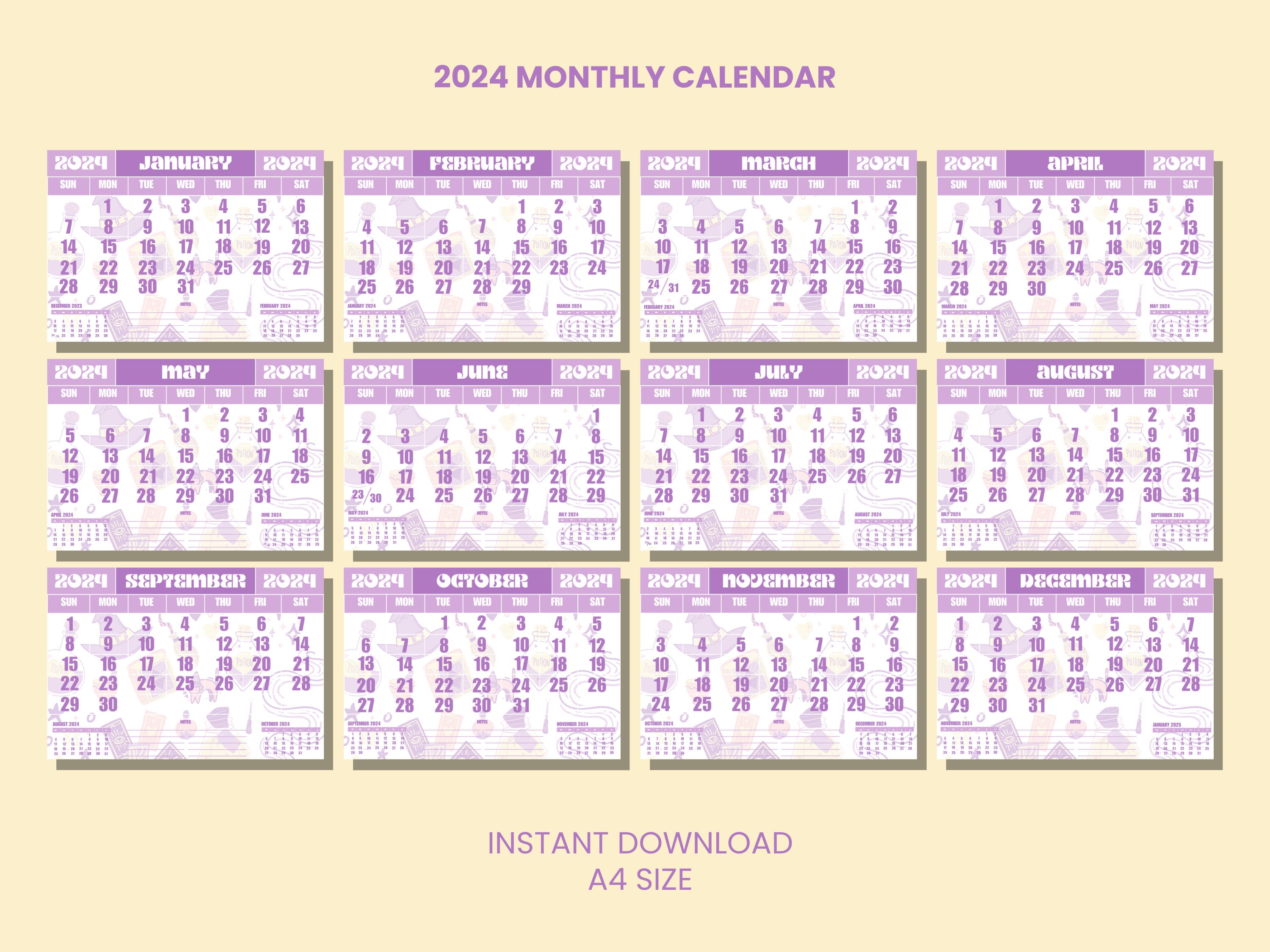 Printable 2024 Monthly Calendar PDF Whimsy Magic A4 Size - Etsy