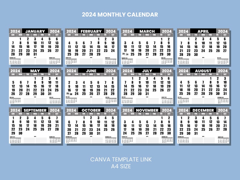 Printable 2024 Monthly Calendar A4 Size Instant Download Canva Editable ...