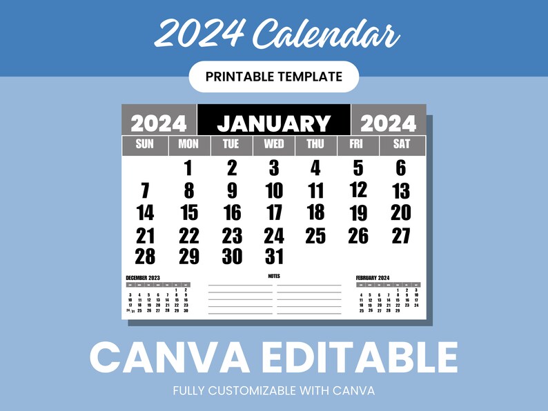 Printable 2024 Monthly Calendar A4 Size Instant Download Canva Editable ...