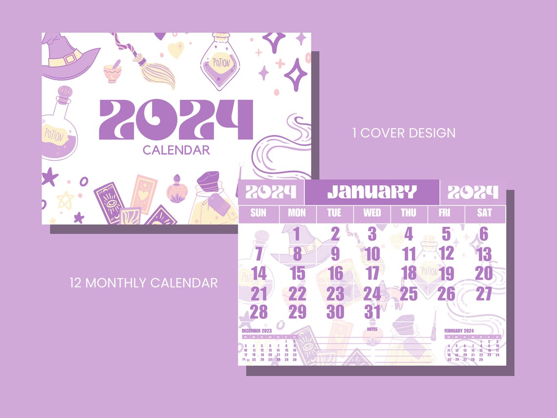 Printable 2024 Monthly Calendar PDF Whimsy Magic A4 Size - Etsy