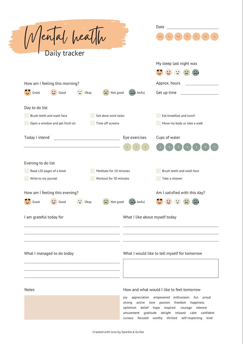 Mental Health Daily Tracker | Printable Self-care Journal | Mindfulness ...