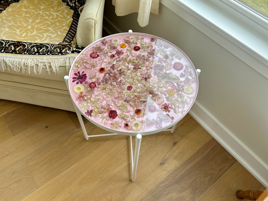 Epoxy Resin Floral Side Table. Preserved Epoxy Flowers, Tray Table ...