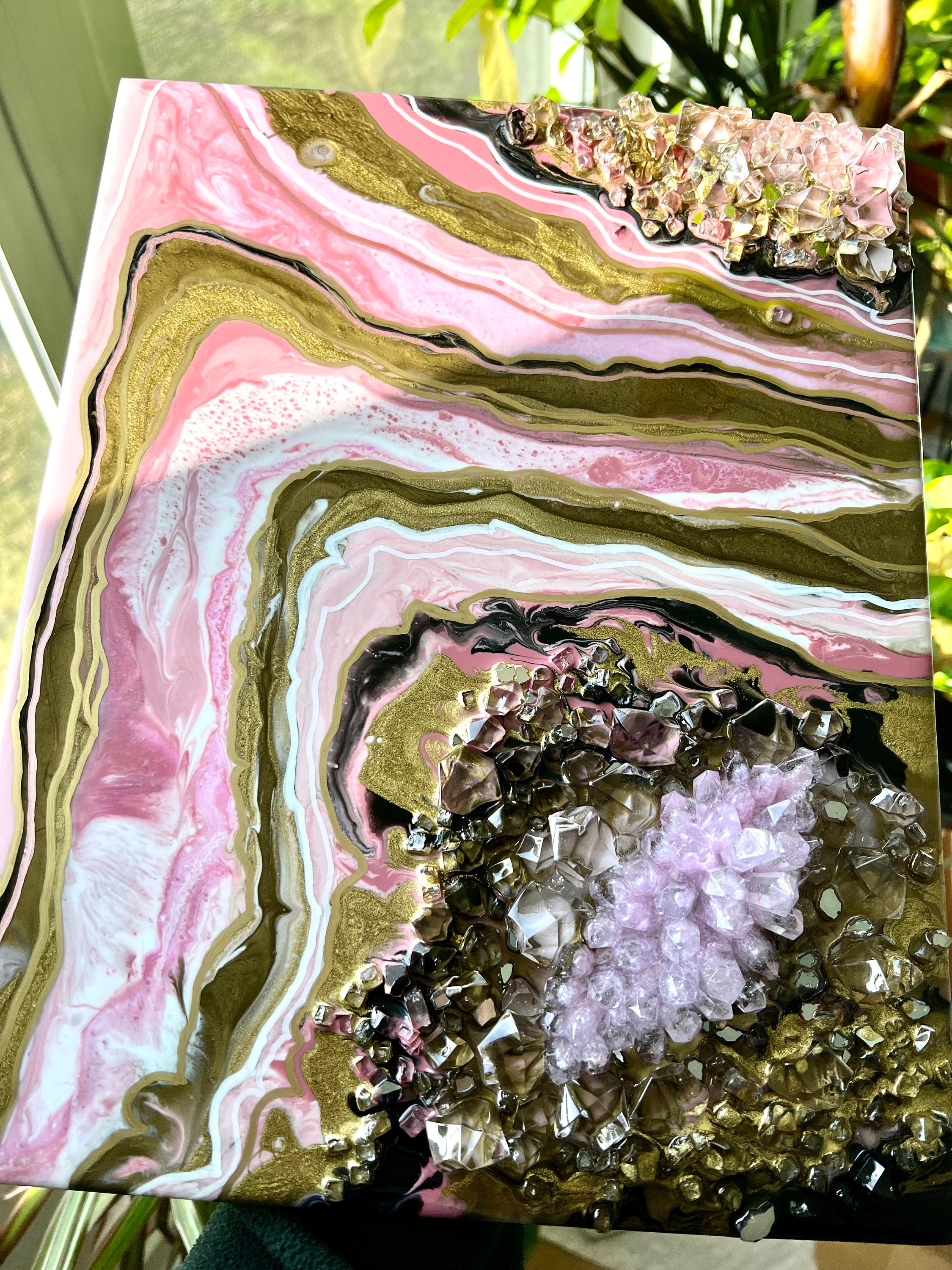 Epoxy Resin Geode Art, on Wooden Board, With Crushed Glass and Resin ...